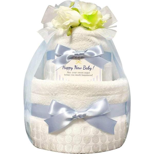 バリエーションコード : 2B985NS9CO人気のオーガニックの今治タオルやおもちゃを使い、かわいいおむつケーキに仕上げておりますので、出産祝いに大変喜ばれるお祝いギフトです。「こだわりのラッピング」おむつケーキは男の子向けにかわいくギフ...