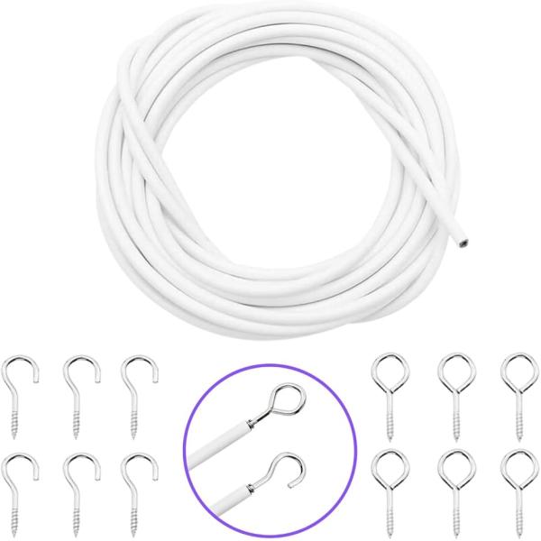 「印象を美しく」突っ張り棒よりも細く綺麗に仕上がります「スプリング形状」バネの張力を使いワイヤーを張ります「電動工具不要」取り付け箇所に長さを合わせて切って使用して下さい「取付は簡単」フックは6個ずつ（3セット分）付属しており、簡単なＤＩＹ...