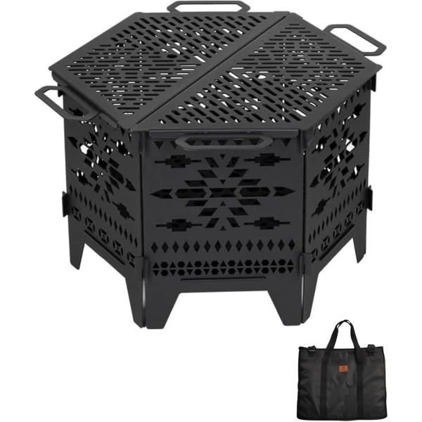 バリエーションコード : 2BJ4T4D5Y2「製品紹介」折りたたみ式で小さく収納できる本格焚き火台。無骨なブラックの鉄製で、お洒落なインディアン柄と通気性に優れた性能を両立した大型の焚き火台です。直火禁止の場所でもルールを守って焚き火可能...