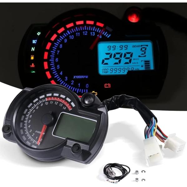 商品名：バイク オートバイ スピード メーター デジタル表示 タコメーター バックライト 多機能 7色切替 汎用「商品仕様」サイズ（約）：9.5cmx14cmx5.5cm　配線の長さ20cmタコメーター、スピードメーター、ギアインジケーター...
