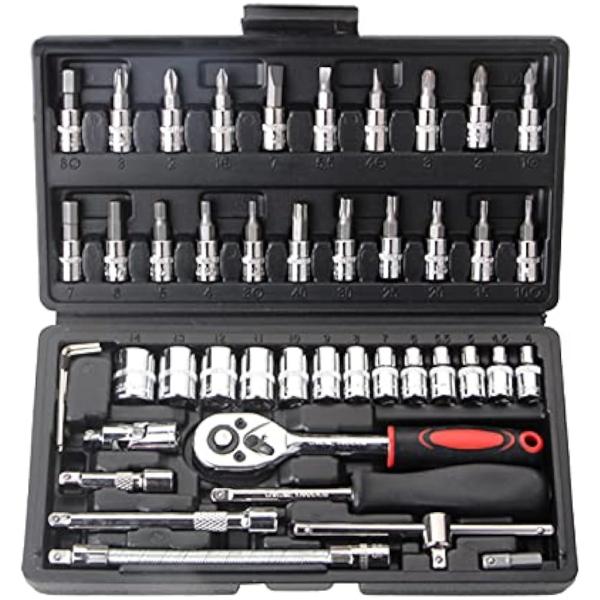 バリエーションコード : 2BJ5I2S5JF「とてもお得なソケットレンチセット」収納ケースを含めた全部で46セットのソケットレンチの組み合わせツールです。ソケット・ラチェット・ドライバーハンドル・六角レンチ等たくさんの種類が収納されており...