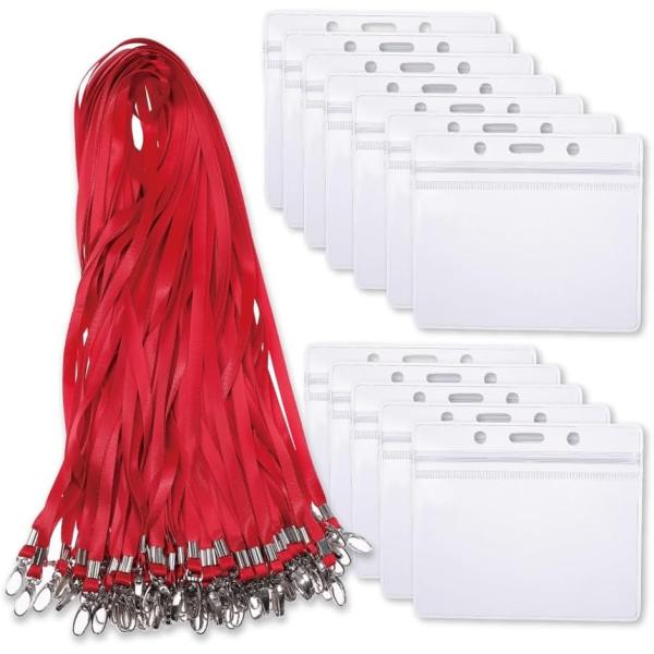 バリエーションコード : 2BUFQ8OH95(紐) 約47cm ポリエステル (ケース) 約85x10 mm　「セット内容」紐、ケース 100個 「色」赤透明な名札ホルダー100個セットです。3色のバリエーションがありますので、組織、グル...