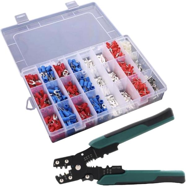 圧着端子1000個と圧着ペンチのセットです。豊富な種類の端子が含まれており、あらゆる接続ニーズに対応します。電線の皮むきやトリミングに便利な多機能圧着ペンチが付属しています。仕切り付きの収納ケース付きで、細かい端子も分類して保管できます。