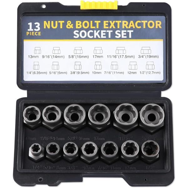 プレミアム素材:すべての抽出器は、優れた耐久性と錆や腐食に対する耐性を備えたサンドブラスト仕上げの高硬度クロム-モリブデン鋼で作られており、長期にわたる性能。13のサイズを1セットに:この3/8スクエアドライブボルト抽出器セットには、13の...