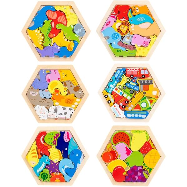 「木製パズル」おすすめの型はめパズルは動物、乗り物、車などの可愛いデザインです。ブロックは木で作られているので自然な感触を楽しめると同時に角張っていないので怪我をしてしまう心配を防ぎます。「形合わせパズル」六角形の積み木はくだもの、動物、海...