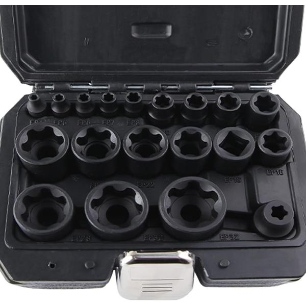 「セット内容」1/4インチドライブ付き6ポイントEP4、EP5、EP6、EP7、EP8。3/8インチドライブ付き6ポイントEP10、EP11、EP12、EP14、EP16。1/2インチドライブ付き6ポイントEP18、EP20、EP22、EP...