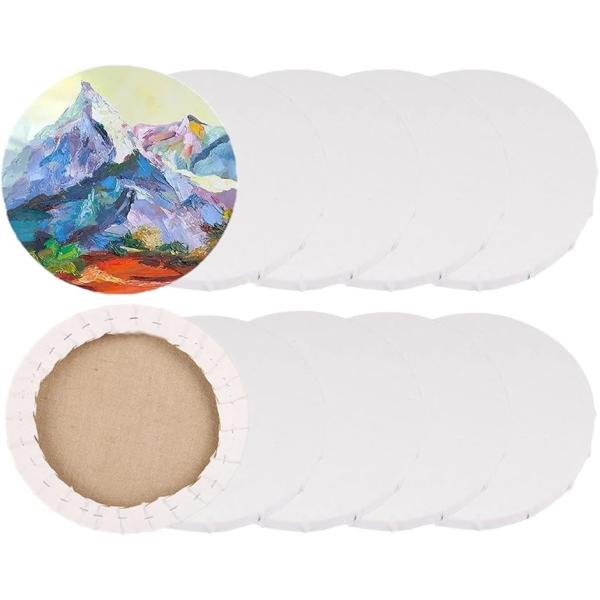 ・直径15cm丸型キャンバス10枚セットです。画布は高品質のリネン（亜麻）素材を使用しております。・リネン（亜麻）素材の画布は織り目が動かず安定しています。熱に強い特性を持ち綿素材の画布と比べて湿度による伸縮の影響が小さく特に油彩画で使用さ...