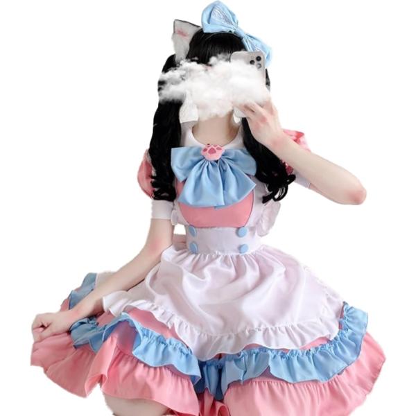 バリエーションコード : 2BJROKF6JI「メイド服5点セット」甘いピンクとブルーのワンピースに清楚なホワイトのエプロンがとってもかわいい。猫ちゃんの肉球足跡とリボンのアクセントが萌えポイントのメイド衣装。着るだけでメイド喫茶の定員さん...