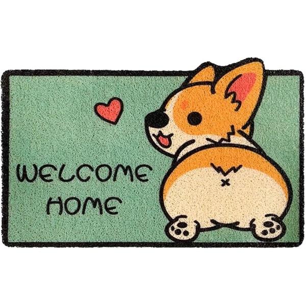 バリエーションコード : 2BJVID9R61とてもCuteなワンちゃん柄ウェルカムマットです。デザインは「カミカミ コーギー（ブラック）」「おしりフリフリコーギー（グリーン）」「プレイバウ パピー（グリーン）」3種類ご用意しました。耐久性...