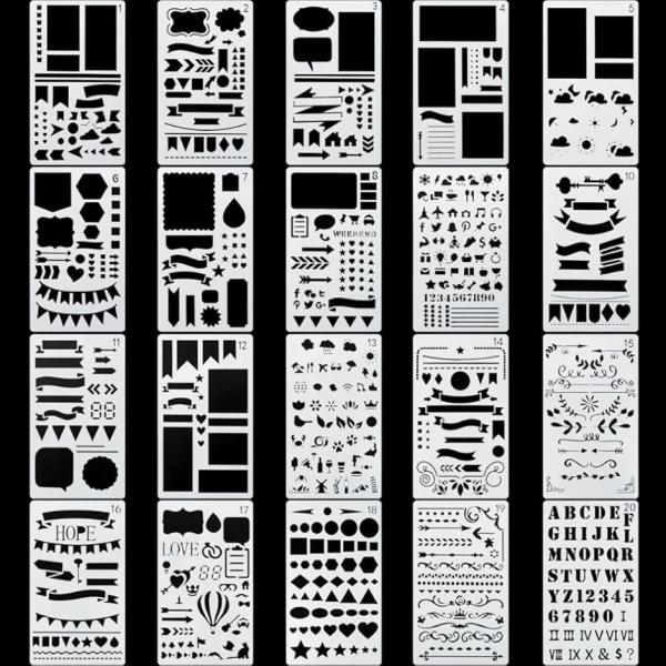 バリエーションコード : 2BJQ8WXJYD「手帳サイズのステンシルセット」バイブルサイズの手帳にぴったりのステンシルシート20種類各1枚ずつの20枚セットです。「豊富なデザイン」吹き出し模様やリボン、アルファベット字体、数字などを取りそ...