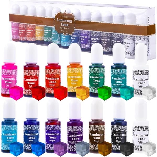 「品名」レジン 着色剤 Luminous Tone 10mlx14本 「用途」レジン液の着色 「成分」有機溶剤、有機顔料 「保管方法」0-25°Cの直射日光の当たらない場所で保管してください。「セット内容」クリアカラー 10ml 13色x1...