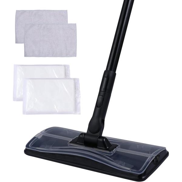 「基本情報」：本体サイズ:25.0x11.0x120.0cm（延長ポール付き）　重量：410g。「セット詳細」：フロアワイパー:グリップ 1個、柄3本、ヘッド1個、タオル2枚、ドライシート10枚。「使いやすい」：フルクリップ式なので、タオル...