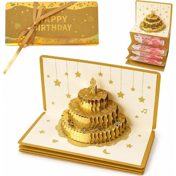 「開くと立体ケーキが飛び出す」 カードを開くと、バースデーケーキの3Dポップアップが立ち上がる誕生日カードです。サプライズ感のある演出で、特別な日の贈り物にぴったりです。「お札やカードを入れられる」 カード下部には、お札・メッセージカードな...