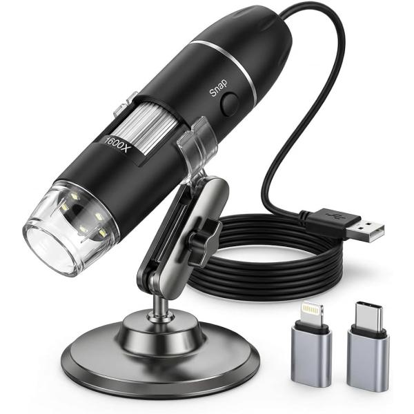 「スマホ接続で拡大観察」スマホやPCに接続して使えるUSBデジタル顕微鏡です。動作チェック済みで、50倍から1600倍までの拡大が可能。対象物との距離を合わせた後、本体ダイヤルで簡単にピントを調整できるため、細部の観察や撮影がスムーズに行え...