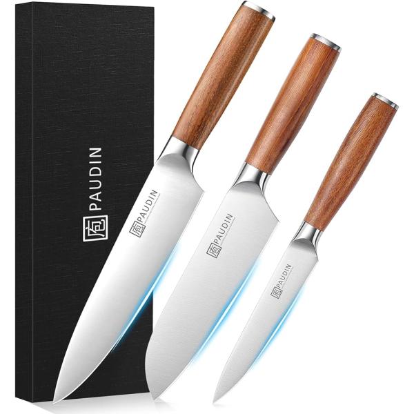 三徳包丁・牛刀・ペティナイフの3本セット、切る・刻む・スライス・下ごしらえまで、毎日の家庭料理をこれ一組でカバー。初心者から料理好きまで幅広く使える実用的な包丁セットです。高炭素ステンレス鋼 5Cr15MoV 使用、ドイツ系配合の 5Cr1...
