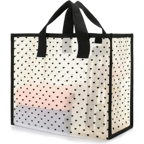 ・中身が見えるメッシュ素材で、収納物がひと目で確認できるトートバッグ・可愛らしいハート柄デザインで、シンプルながらも立体感のある仕上がり・サイズ：横約35cm x 高さ約28cm x マチ約15cm・幅広ハンドル採用で、手や肩に食い込みにく...