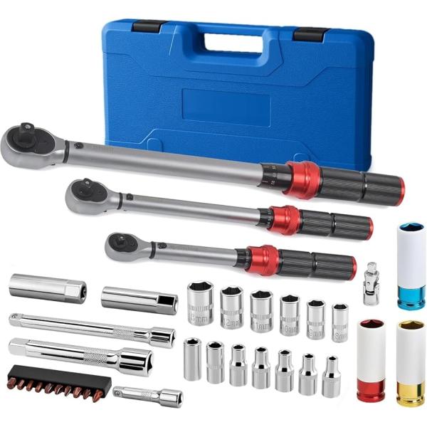 《35点のセット：タイヤ交換からエンジン整備までこれ1台》 セット内容は、3本のトルクレンチと実用的な32点のアタッチメント。車・バイクのタイヤ交換（17-19mmソケット）、火花塞交換（専用薄型14/16mmソケット） に最適なのはもちろ...