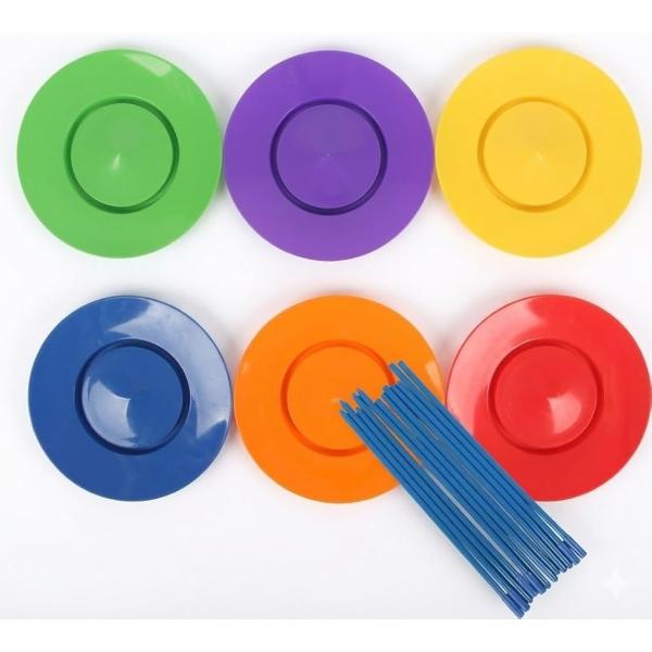 「商品概要」皿まわし用のお皿6枚と専用スティック6本分（分割式12本）のセットです。ジャグリングや大道芸、一発芸の練習や余興に使える定番アイテムで、初心者でもすぐに皿回しに挑戦できます。「セット」お皿は青・むらさき・緑・オレンジ・赤・黄の6...
