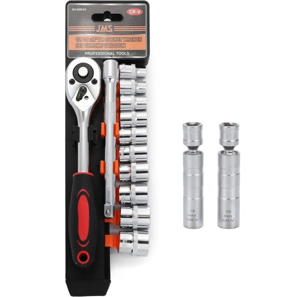 多用途なソケットレンチ＆スパークプラグ工具セット： 9.5mm（3/8インチ）の差込口に対応した基本のソケットレンチセット（12点）と、14mm・16mmのスパークプラグ専用レンチ（2本）のセットです。車やバイクの修理、DIY、機械の点検な...