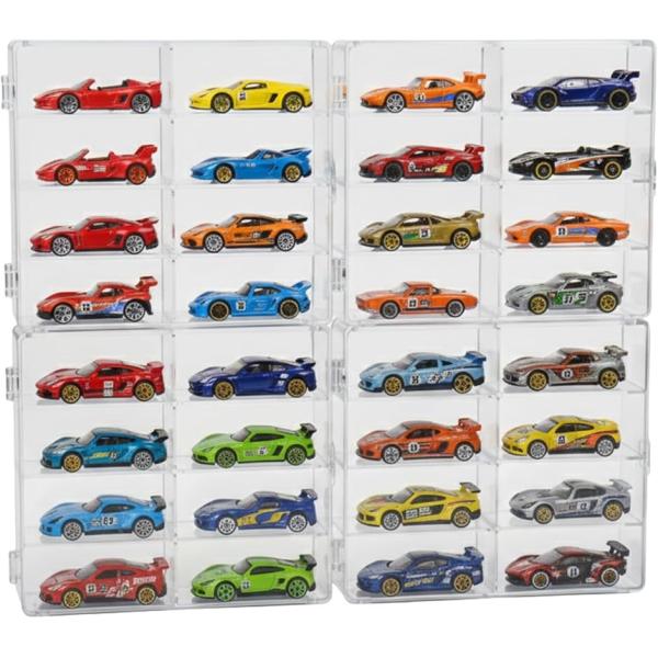 「32台まとめて美しく飾れる。大容量トミカ収納ケース」1つにつき8台、4個セットで最大32台のミニカーを効率よく収納できるコレクションケースです。1/64スケールの標準的なトミカにぴったりのサイズ感で、散らかりがちなミニカーをショールームの...