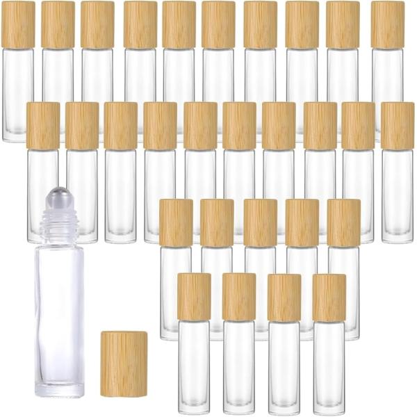 バリエーションコード : 2BRSKD49VK「サイズ」10ml、高さ8.5cm　直径2cm「セット内容」30本　ロール部分はシルバー「高品質素材」透明なガラス製ボトルと天然竹キャップの組み合わせで、内容物を清潔に保管。アロマクラフト講座に...