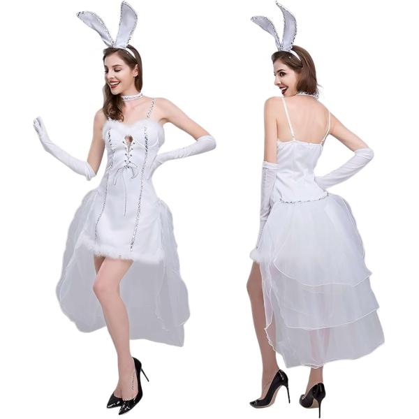 バリエーションコード : 2BRF30LOHSエレガントな白うさぎに変身できる、バニーガールのコスチュームセットです。うさ耳カチューシャ＋ワンピース＋ロンググローブ＋首飾りの4点セット。これ一つで簡単に全身バニーコーデが完成するので、コスプ...