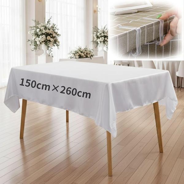 (サイズ)約150x260cm、長机に適した長方形サイズです。(素材)ポリエステル製サテン生地、なめらかな質感と上品な光沢があります。(デザイン)無地ホワイト、式典や展示会などフォーマルな場面に適しています。(用途)会議、イベント、パーティ...