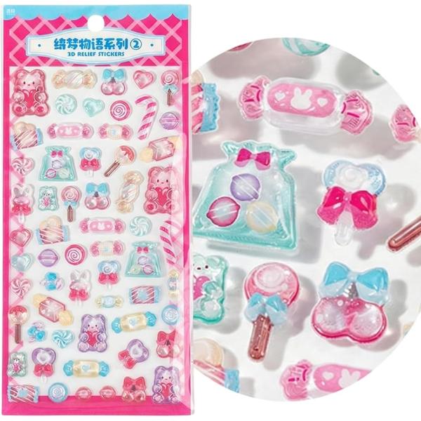 バリエーションコード : 2BRIUHVRFI「カラフルで甘かわいいお菓子モチーフ」 キャンディ・チョコ・マカロンなど、カラフルで甘い世界観を詰め込んだキャンディショップテーマです。「ぷくっと立体でポップな存在感」 カラフルな色合いとぷっく...