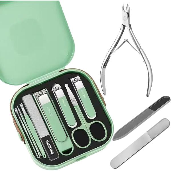 ・落ち着いた抹茶グリーン。おしゃれなネイルケア12点セットです。旅行のお供にもどうぞ。・爪切り３種、甘皮ニッパー、ガラス爪やすり３種、キューティクル剥がし、ニキビつぶし、耳かき、鼻毛切り、専用ケースです。・ガラス爪やすりは、0.01mm単位...