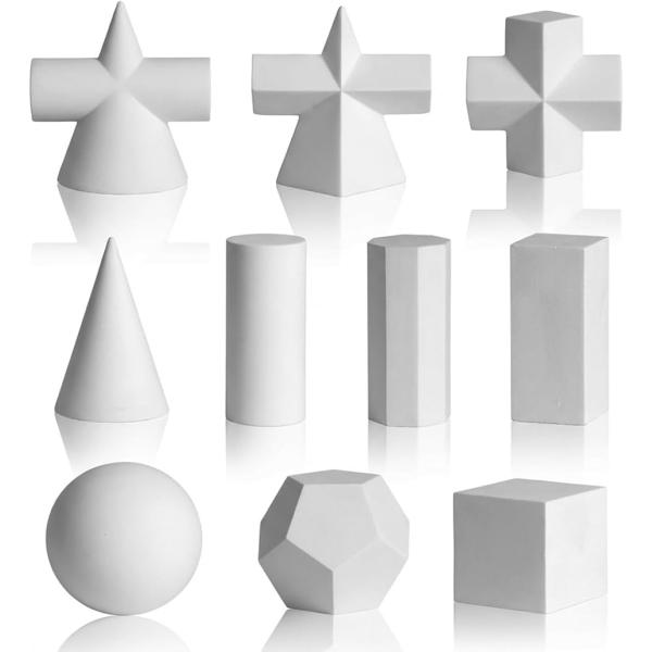 「立体構造を理解し描写力を高める幾何学モデル」 正方体・球体・円錐・円柱・六面柱・直方体・十字円錐・十字角錐・直方体十字・十二面五角まで揃った10種のデッサンモチーフセット。直線と曲線、面と角度の違いを実物で観察でき、陰影や遠近感の捉え方が...