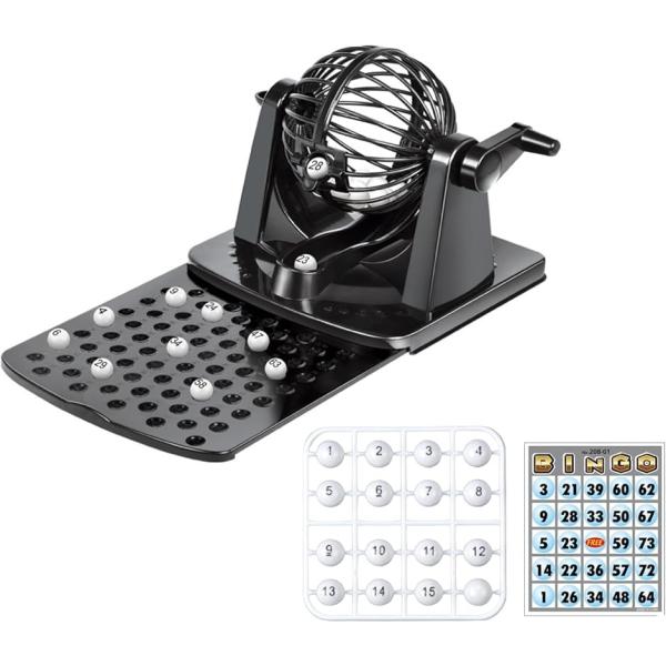 ビンゴゲームセットは、ビンゴマシーン、カード20枚、ボール（1〜75）、ボールトレイのフルセット。本体はハンドルを回す定番のガラポン形式。軽量コンパクトで持ち運びOK、ボールトレイで既出番号が一目でわかり便利。ビンゴは遊び方簡単。抽選器にボ...