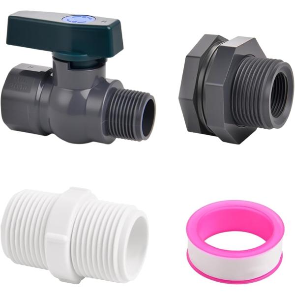 「セット内容」3/4インチGHT PVCボールバルブ1個、バルクヘッドフィッティング1個、ストレートコネクター1個、シールテープ1巻が含まれます。「材質」高品質PVC素材で製造され、割れ防止、剥離防止、錆防止の特性があります。全ての季節に対...