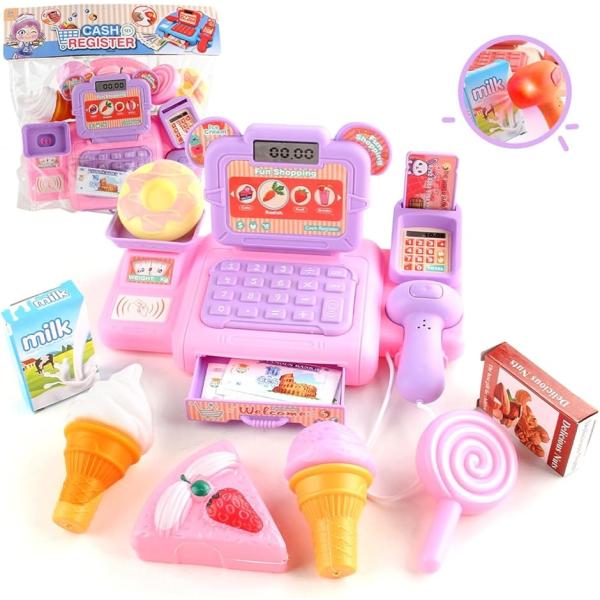 「お買物ごっこしよう。」大人気のレジスターで果物を買って楽しいお買物ごっこ。お買い物かごに小物を入れて、お客様になったり、セットされてるお金でお菓子を買ったり、お子様に役立つおもちゃです。「計算の勉強」お店屋さんになり、セットされているミル...