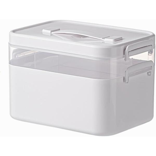 「2段構造で効率よく整理可能」上段は透明なアクリルの仕切り板付きで、中身が一目で確認できるため、必要な薬を箱を開ける前に素早く把握できます。1段目には使用頻度の少ない薬品類を、2段目のアクリル仕切りのある上段には頻繁に使う絆創膏や風邪薬、体...