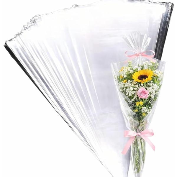 「フラワーラッピングに最適」透明なラッピング袋にカラータイが付属している為、花束や生け花を美しくラッピング。また、カラータイを使用することで、簡単に仕上がり華やかさをプラス、季節感やイベントに合わせたアレンジができる。「透明で魅せるデザイン...