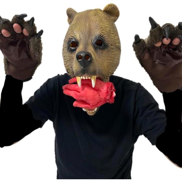 人食い熊 ヒグマ マスク＋爪＋手 3点セット販売。 熊 マスク 恐怖 怖い ドッキリ リアル ホラー ハロウィン コスプレ 仮装 衣装 お面 仮面 肝試しにどうぞ。恐怖。人食い熊の仮装セット。コスプレ 宴会、学校祭 余興　お化け屋敷 肝だめ...