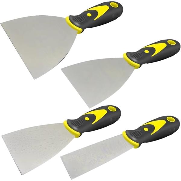 バリエーションコード : 2BUD88R21Jシールはがしやサビ落とし、壁紙はがしなどの作業で活躍する金属ヘラです。3点セットと4点セットの2タイプでご用意しておりますので、ご用途に併せてお選びください。ツートンカラーのグリップ素材にABS...