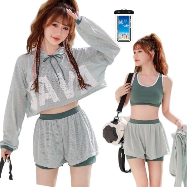 バリエーションコード : 2BUF0XIHHC「セット内容」タンキニ水着3点セット（スポーツブラ＋ショートパンツ＋ラッシュガード）「カラー」爽やかで清潔感ただよう「ライトブルー」、優しく柔らかい印象を与える「グリーン」の２色をご用意。「トッ...