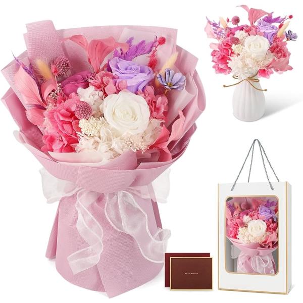 バリエーションコード : 2BUT6HR5D0プリザーブドフラワーの花束：花屋が丁寧に作り上げたこのブーケは、誰もが大好きな鮮やかなピンクパープルバラをセンターピースとして、繊細なクリスタルグラス、ラブグラス、愛らしいウサギの耳、さまざまな...