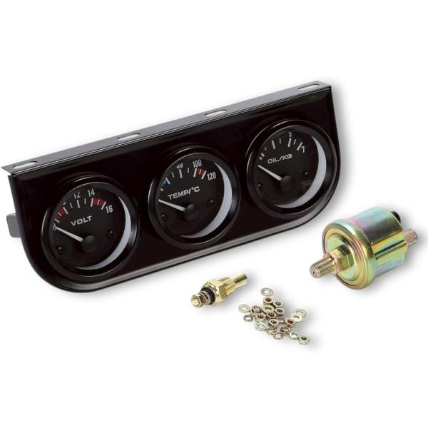 12V 車用 トリプルゲージキット です。（汎用品/社外品） 「主な機能」 電圧計：バッテリー・充電系統の状態確認 油圧計：エンジン内部の潤滑状態を監視 水温計：冷却系統の温度管理でオーバーヒートを防止「セット内容」 メインユニット3個（電...