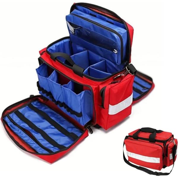 1.救急バッグ整理整頓（バッグのみ）：仕切りが付いており、絆創膏、めん棒、ガーゼ、包帯などの応急処置用品を細かく整理して収納することができる救急箱です。スプレーやボトル類などの背が高いモノでも、立てたままで収納できます。上部にジッパー付きの...