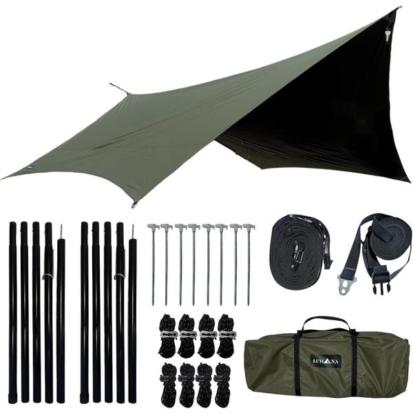 バリエーションコード : 2B9QTTWQWV「難燃加工」 タープ生地に難燃性塗料を加えることによって、ポリエステルタープの弱点を克服。焚き火の火の粉が飛んでも穴が空きにくく、燃え広がりにくい素材を提携工場と開発に成功。TCタープより軽く、...