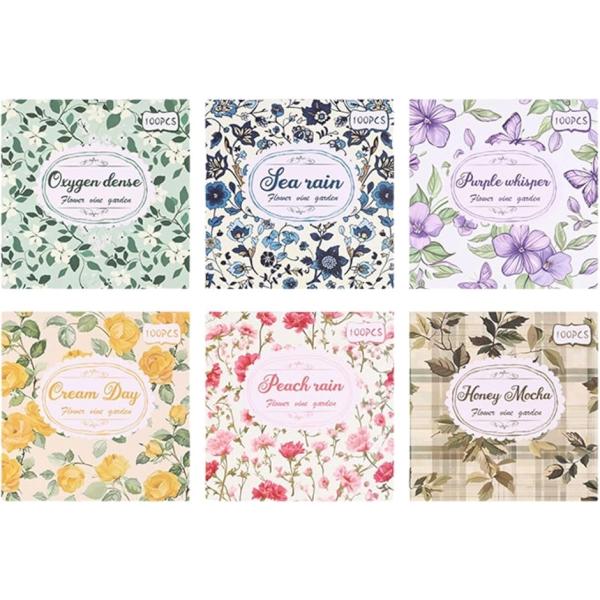 バリエーションコード : 2BUOVUY4N6様々な種類の花々や植物が繊細に描かれた、フローラルデザインのメモ用紙、6種セットです。各々のデザインが異なる色合いと雰囲気で、小さなフラワーガーデンが手元に広がるようです。各種100枚入りと大容...