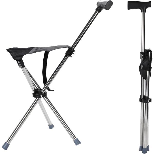 「高耐久ステンレス製」 折り畳み杖は錆びにくいステンレス鋼を使用。耐荷重は約150kgで、長期間の使用でも変形しにくく、快適にお使いいただけます。軽量ながら丈夫で、日常使いやアウトドアでも活躍します。「杖と椅子の2WAY仕様」 1本で杖と椅...