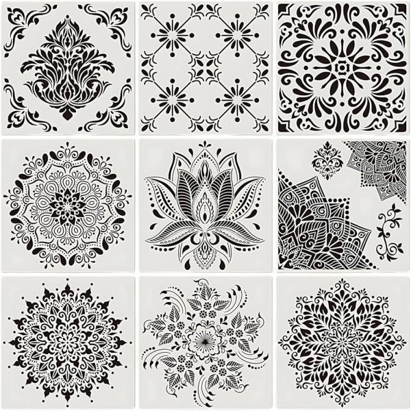 「曼荼羅模様で空間が変わる」 ステンシルシートの大判30cmサイズ、曼荼羅クラフトデザインテンプレートを9枚そろえたセットです。壁や家具、布や木材に描画するだけで、インテリアの印象を一瞬で変えることができます。北欧やモロッカン、ボヘミアンな...