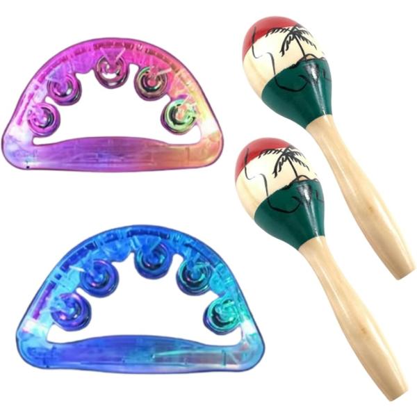 バリエーションコード : 2BUXR18FUG「光って目立つ。盛り上げ楽器セット」LED内蔵のタンバリンがカラフルに光り、パーティーやイベントで注目を集める。マラカスも南国テイストの鮮やかなデザインで、手軽にテンションを高められる。「誰でも...