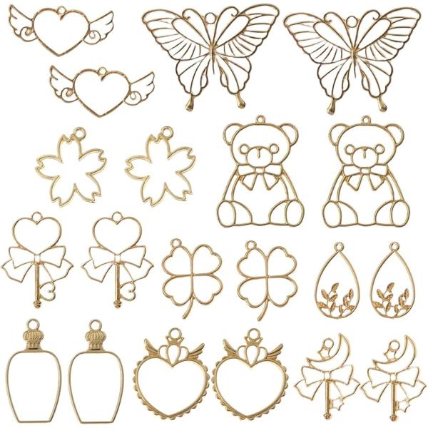 「サイズ」「約2〜4cm（モチーフによる）」「重さ」約45g「色」ゴールド「材質」合金（メッキ）「セット内容」10種類x各2個（計20個）ハンドメイド初心者にも扱いやすい、人気モチーフのレジン用空枠セットです。桜・クローバー・蝶・テディベア...