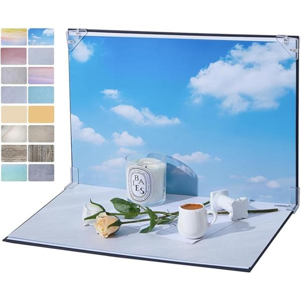 バリエーションコード : 2BUSGV9G2J「自宅がスタジオになる背景ボード」 青空や木目、大理石などの上品なデザインで、被写体を美しく引き立てる撮影背景ボード。両面8枚セットで合計16パターンの背景が楽しめます。厚手防水マット仕様で反射...