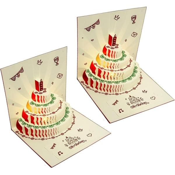 バリエーションコード : 2BUSSGV2GL「立体ポップアップで華やかなお祝い演出」 開くと大きなバースデーケーキが飛び出す3Dポップアップデザイン。光と音楽が加わることで、開いた瞬間にサプライズ感と感動を演出できます。誕生日会や記念日の...