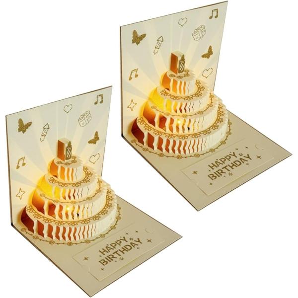 バリエーションコード : 2BUSSGV2GL「立体ポップアップで華やかなお祝い演出」 開くと大きなバースデーケーキが飛び出す3Dポップアップデザイン。光と音楽が加わることで、開いた瞬間にサプライズ感と感動を演出できます。誕生日会や記念日の...